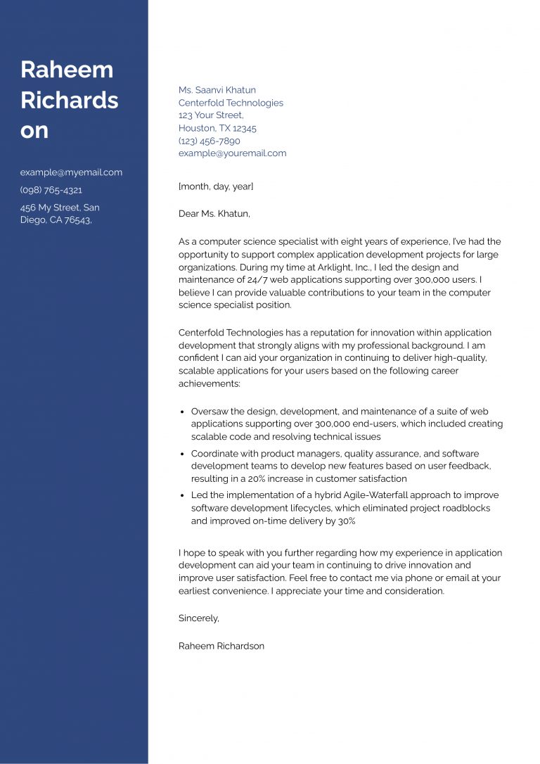 Computer Science Specialist Cover Letter Examples and Templates for ...