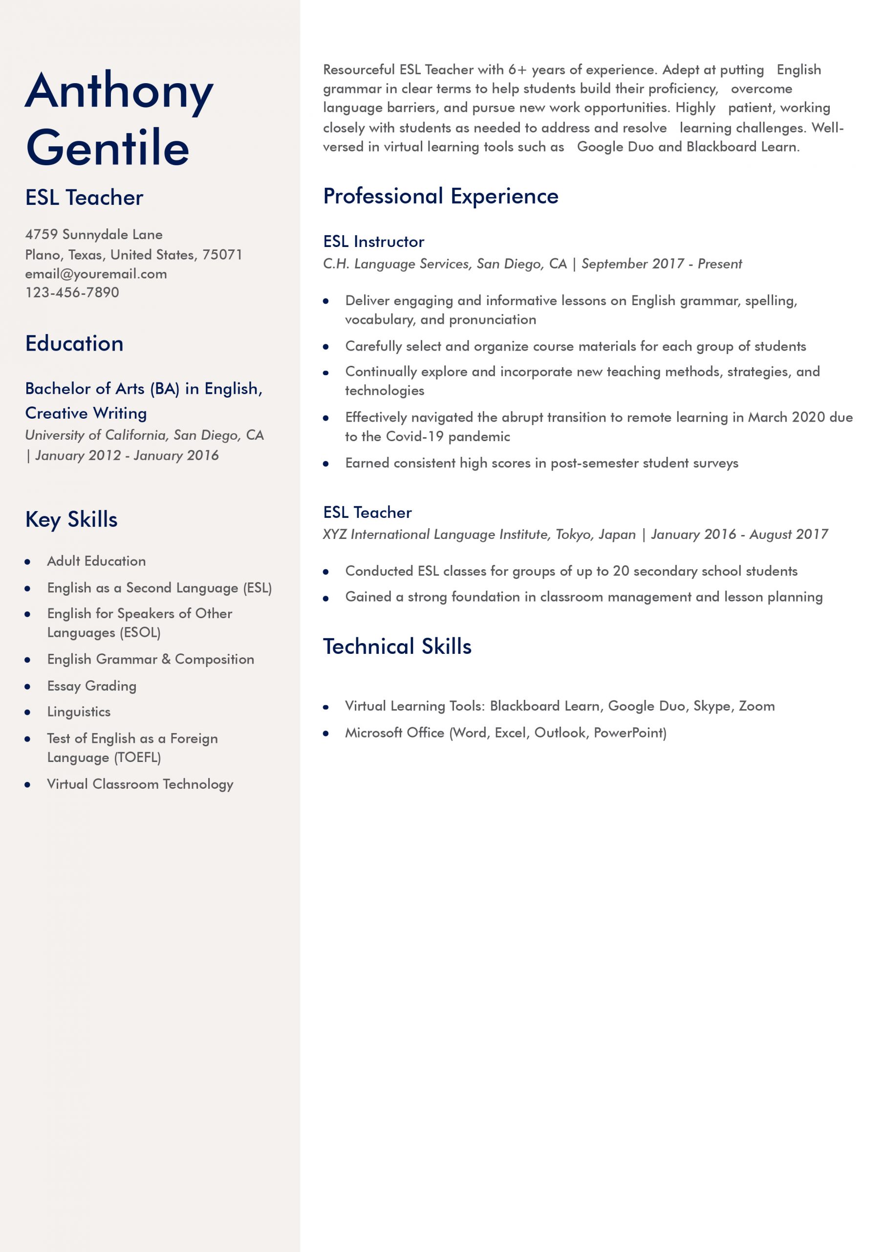 ESL Teacher Resume Examples and Templates for 2024 - ResumeBuilder.com