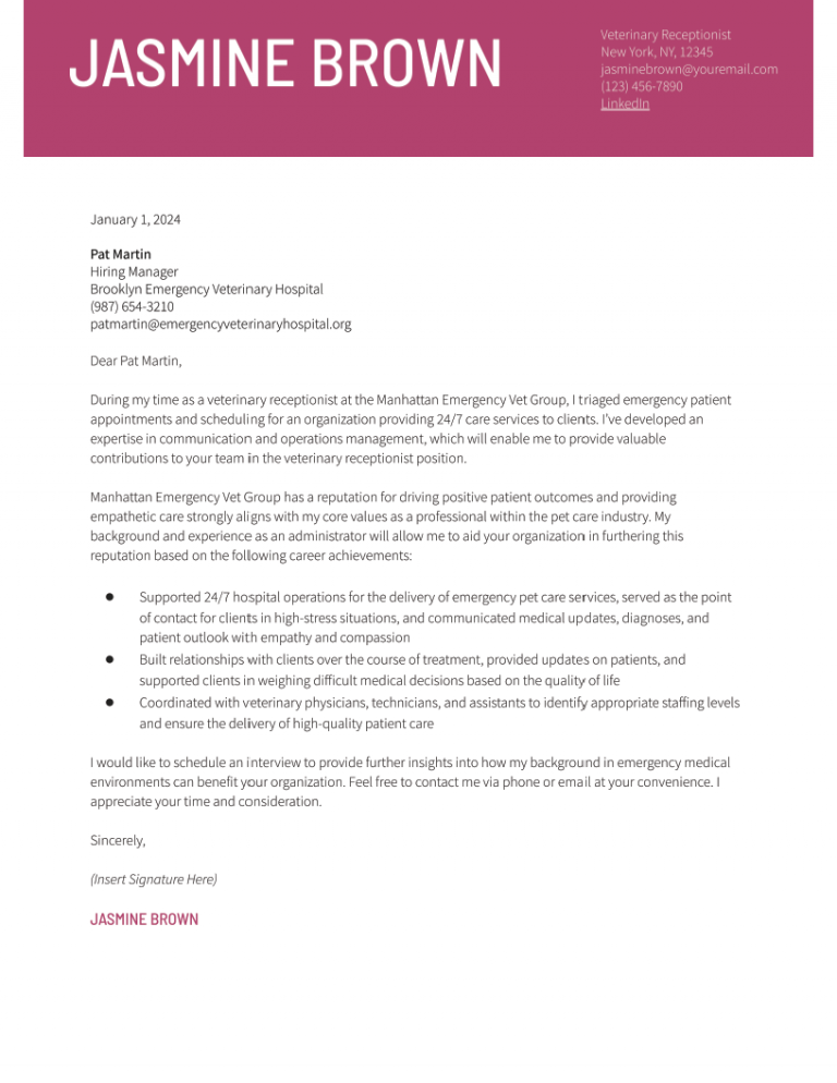 Veterinary Receptionist Cover Letter Examples and Templates for 2024 ...