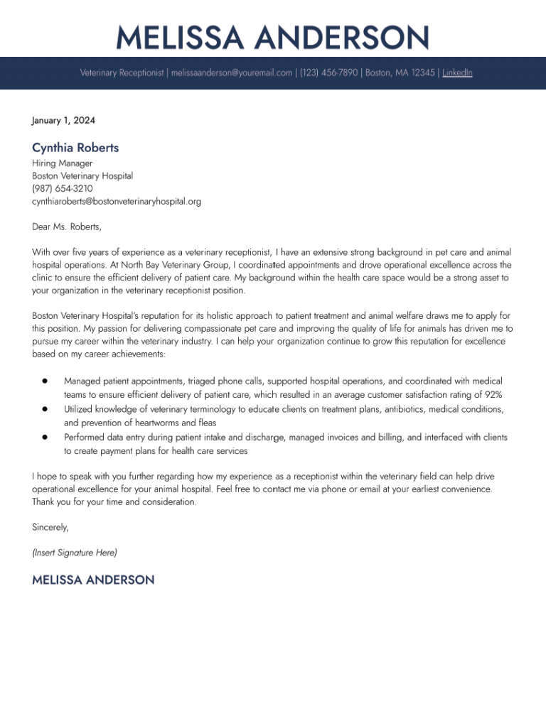 Veterinary Receptionist Cover Letter Examples and Templates for 2024 ...