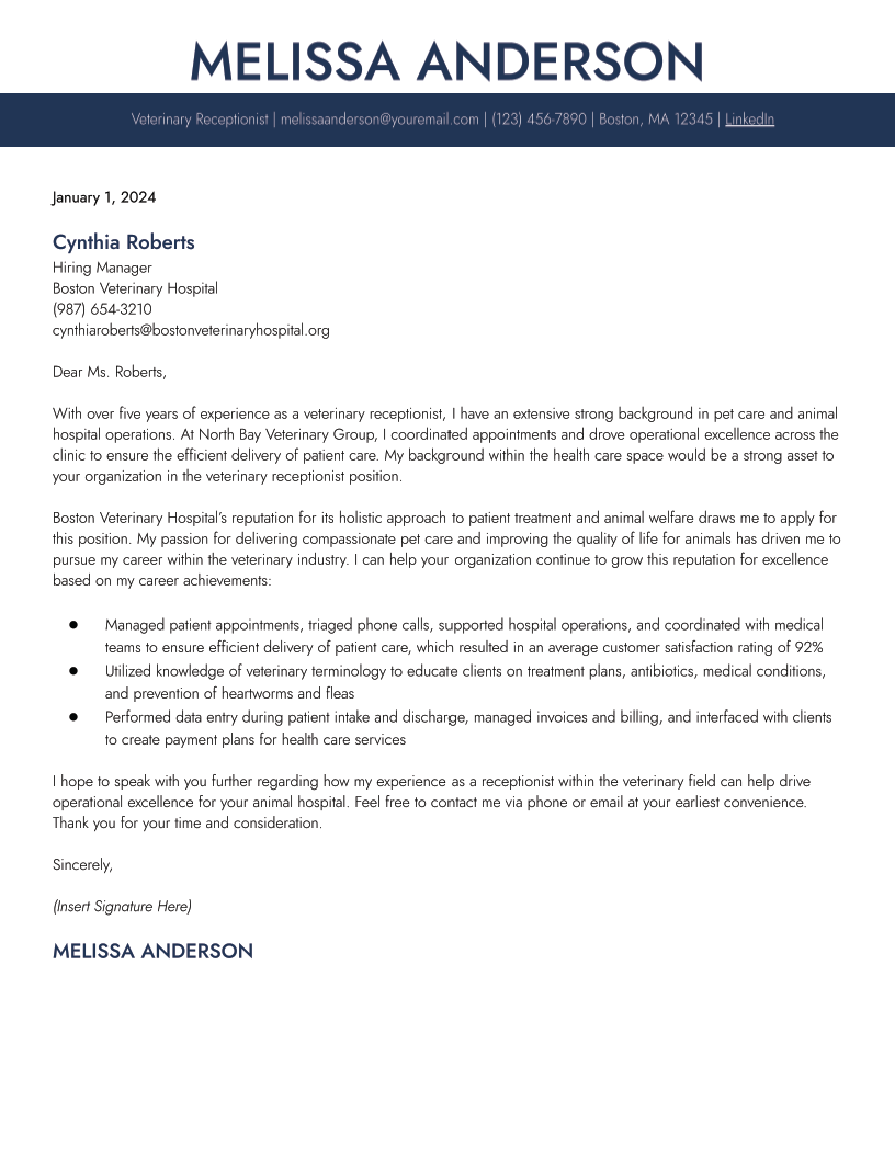 Veterinary Receptionist Cover Letter Examples and Templates for 2024 ...
