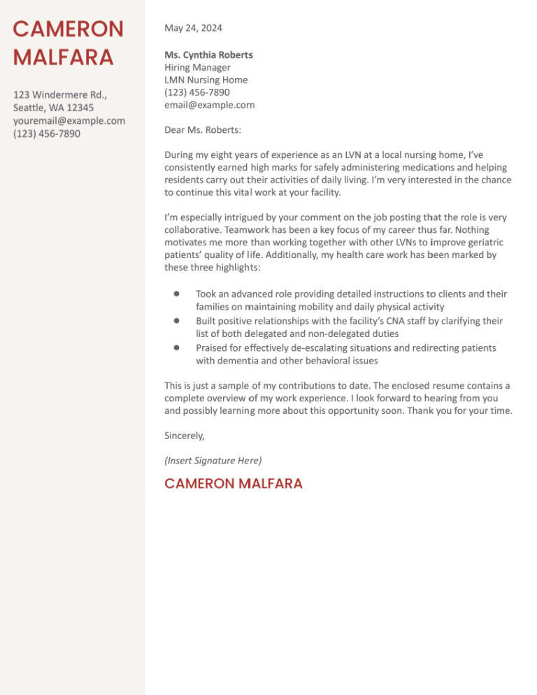 Licensed Vocational Nurse Cover Letter Examples and Templates for 2024 ...