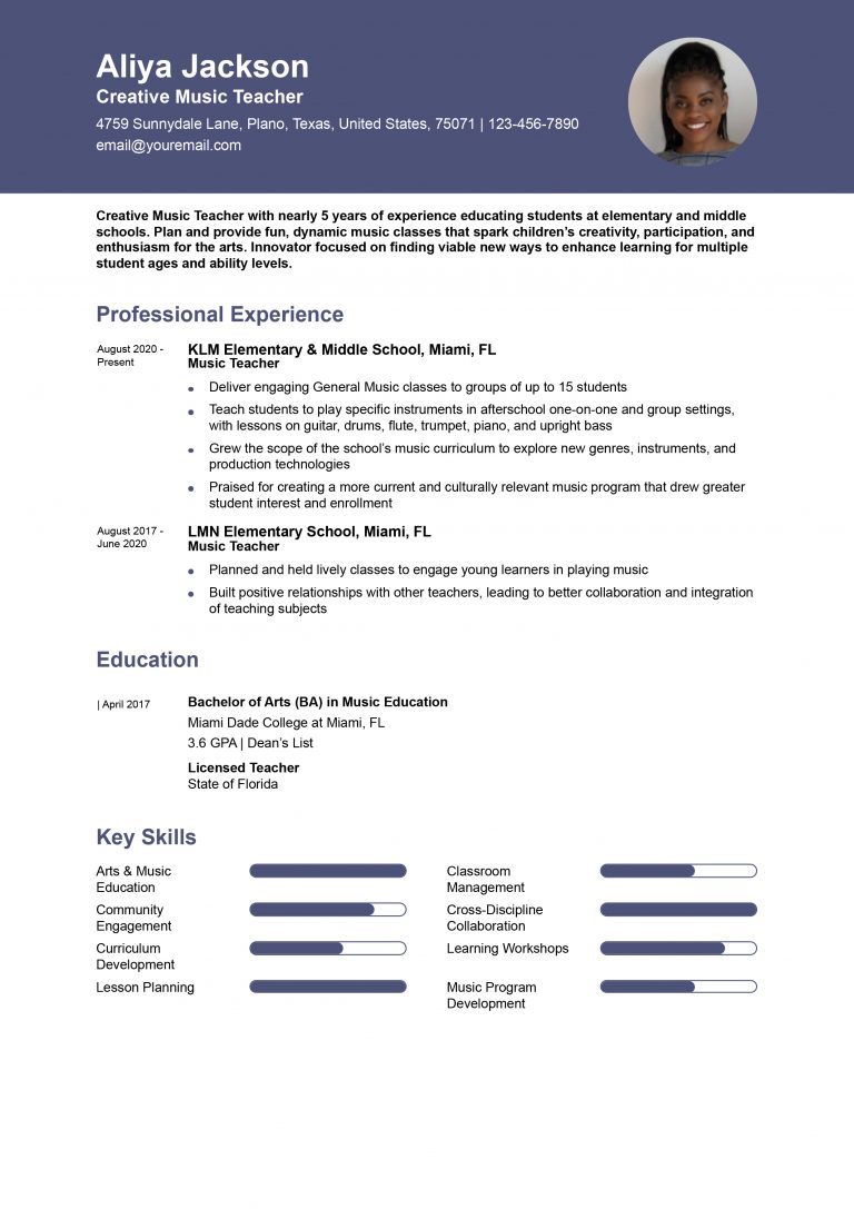 Music Teacher Resume Sample Resume Of Music Teacher With Template