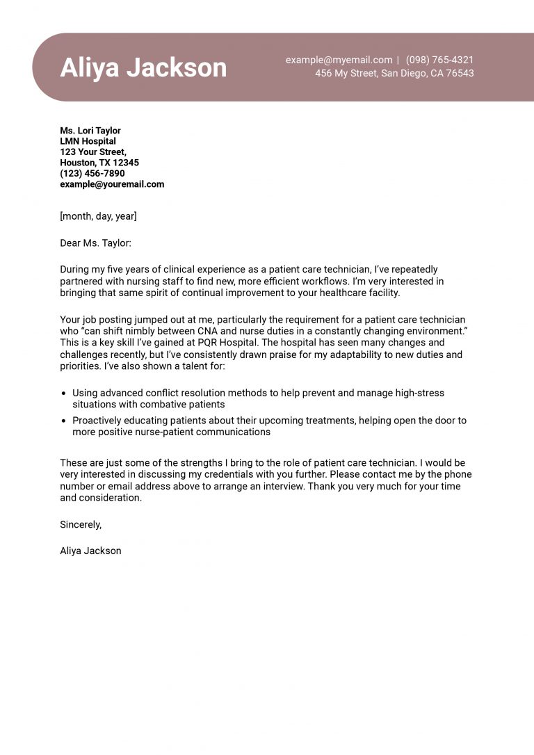 Patient Care Technician Cover Letter Examples and Templates for 2025 ...