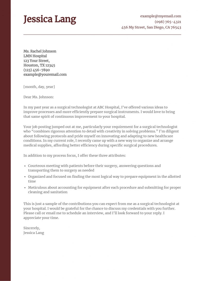 Surgical Technologist Cover Letter Examples and Templates for 2025 ...