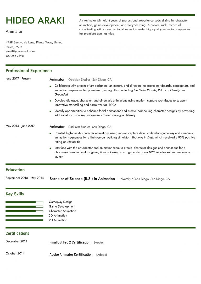 Best Animator Resume Examples and Templates for 2025 - ResumeBuilder.com