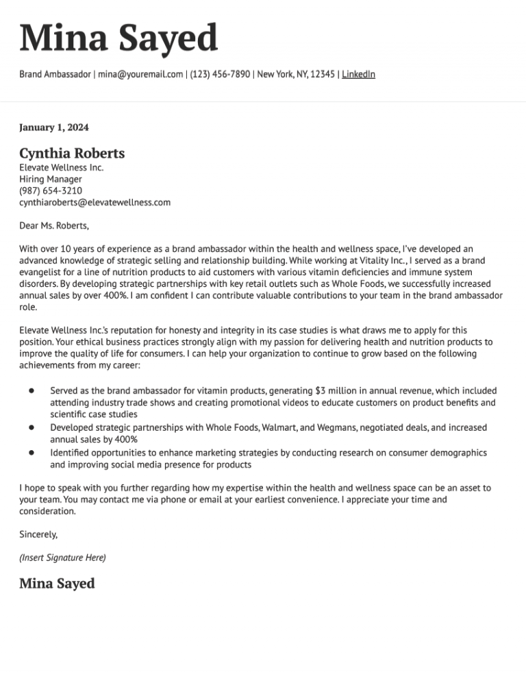 Brand Ambassador Cover Letter Examples and Templates for 2024 ...
