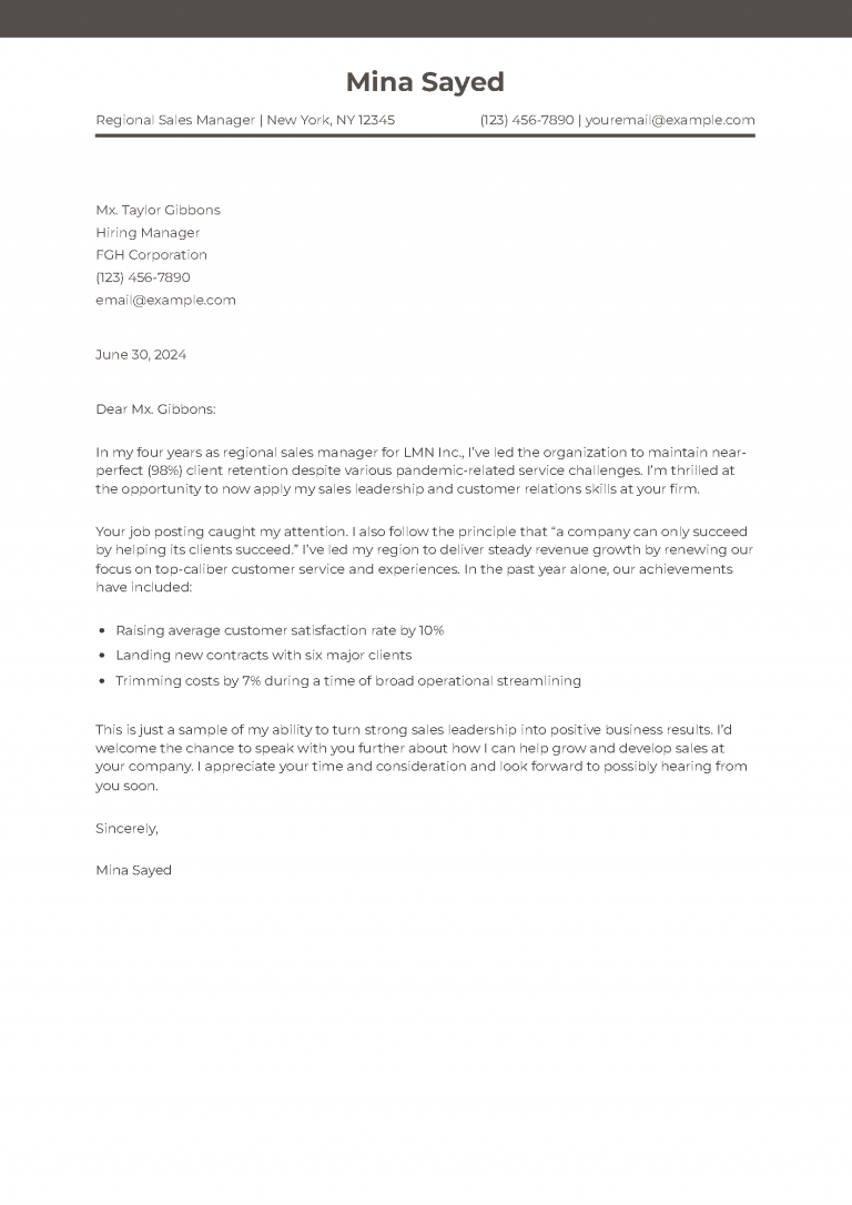 Regional Sales Manager Cover Letter Examples and Templates for 2026 ...