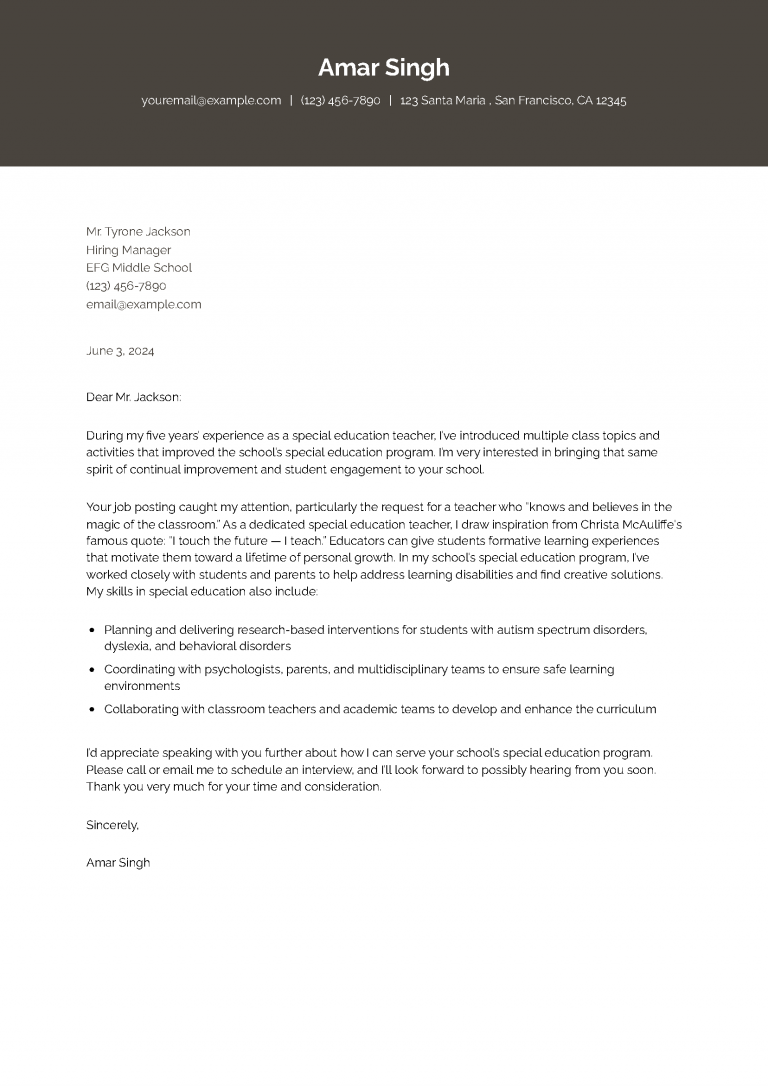 Special Education Teacher Cover Letter Examples and Templates for 2025 ...