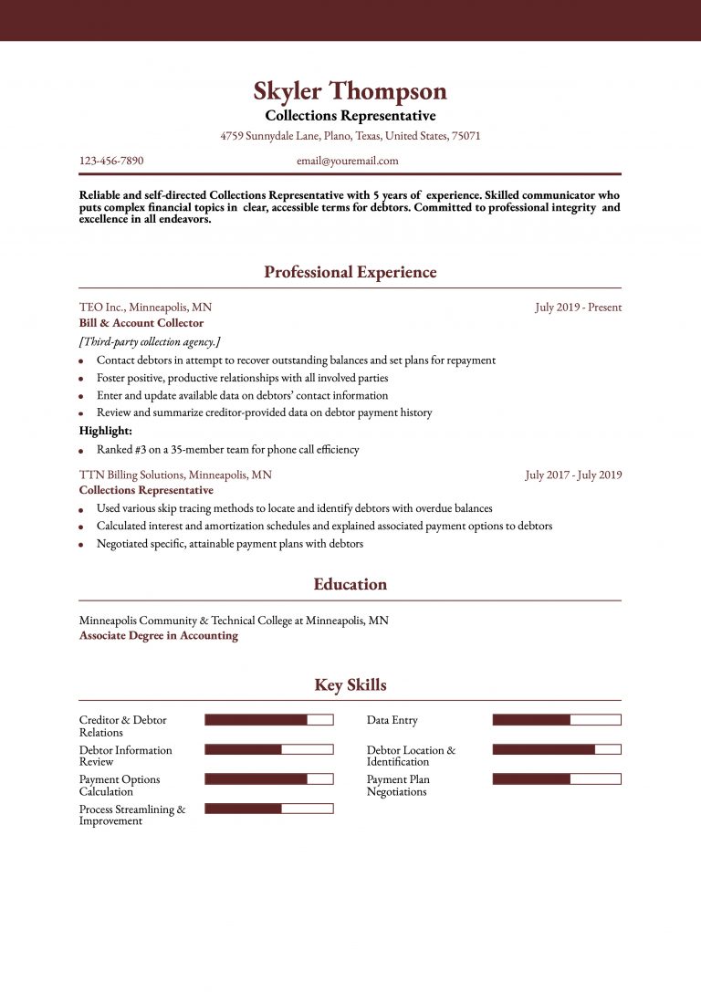 Best Collections Representative Resume Examples and Templates for 2025 ...