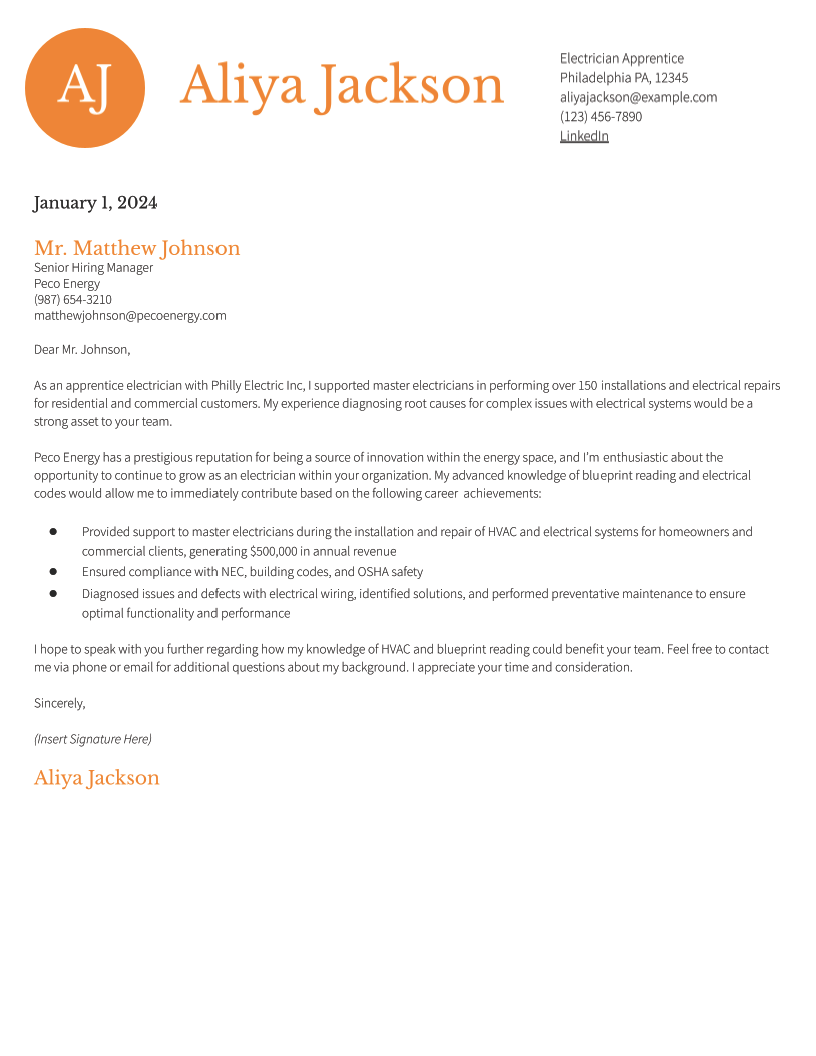 Electrician Apprentice Cover Letter Examples and Templates for 2024 ...