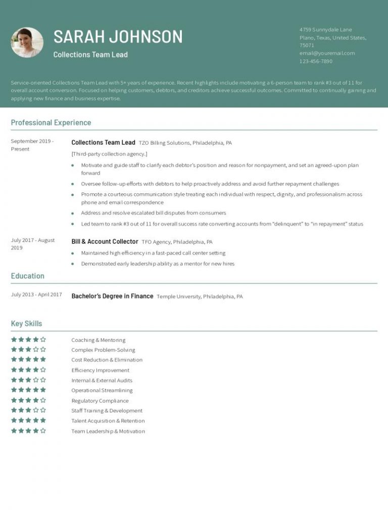 Collections Team Lead Resume Examples and Templates for 2024 ...
