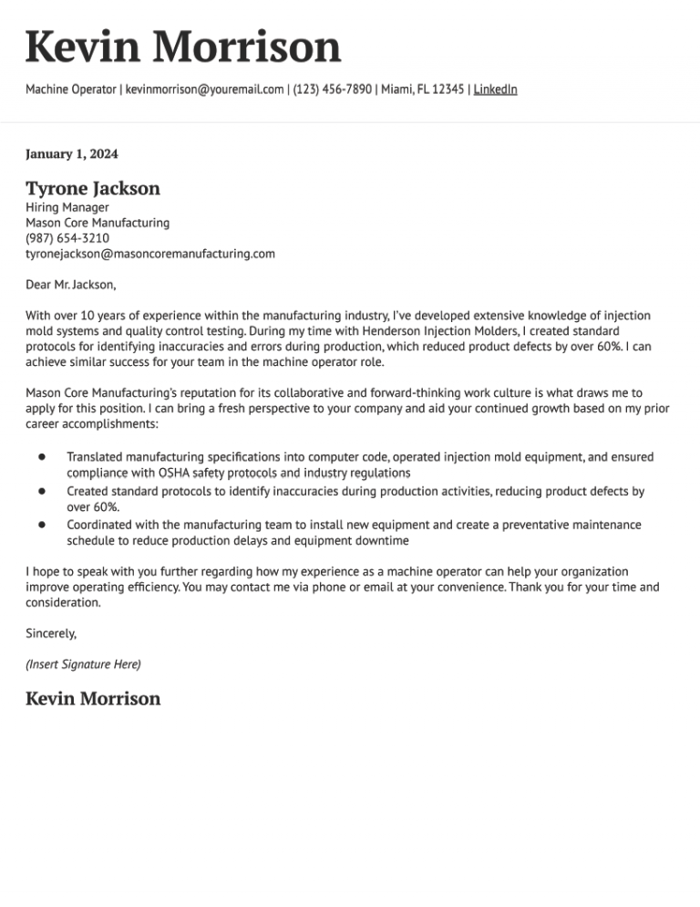 Machine Operator Cover Letter Examples and Templates for 2024 ...