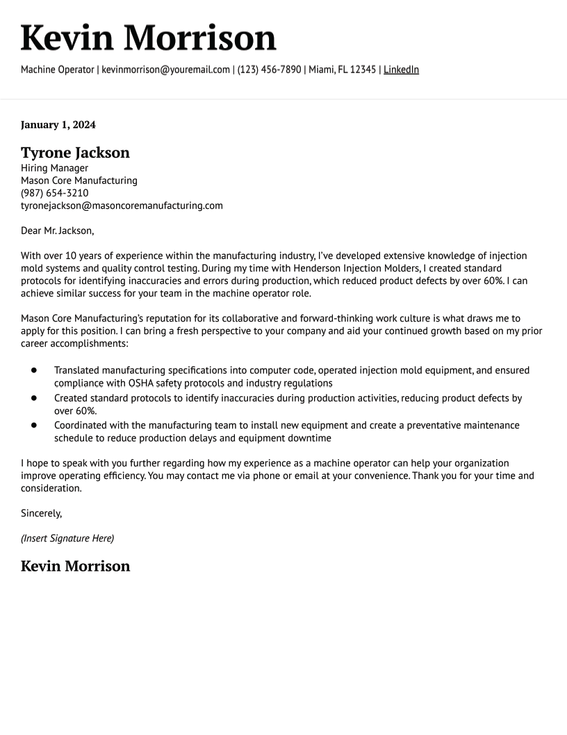 Machine Operator Cover Letter Examples and Templates for 2024 ...