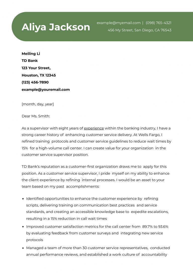 Supervisor Cover Letter Examples and Templates for 2024 - ResumeBuilder.com