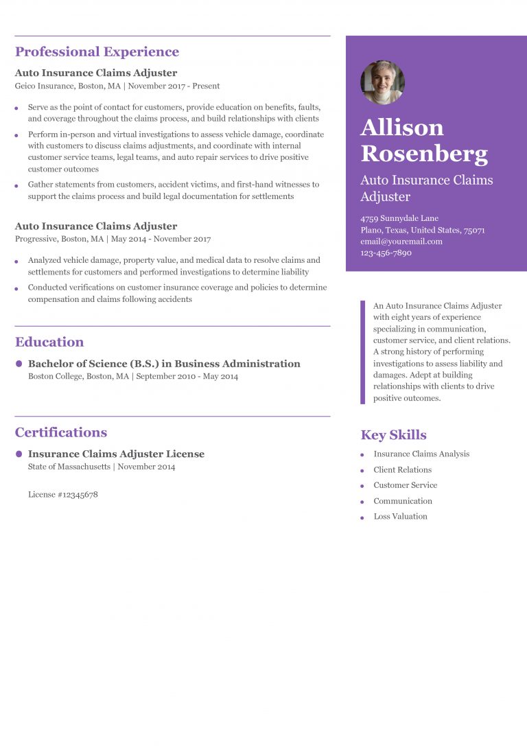 Best Auto Insurance Claims Adjuster Resume Examples and Templates for ...