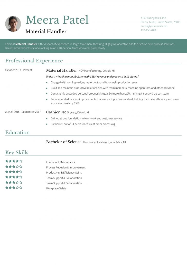 Material Handler Resume Examples and Templates for 2025 - ResumeBuilder.com