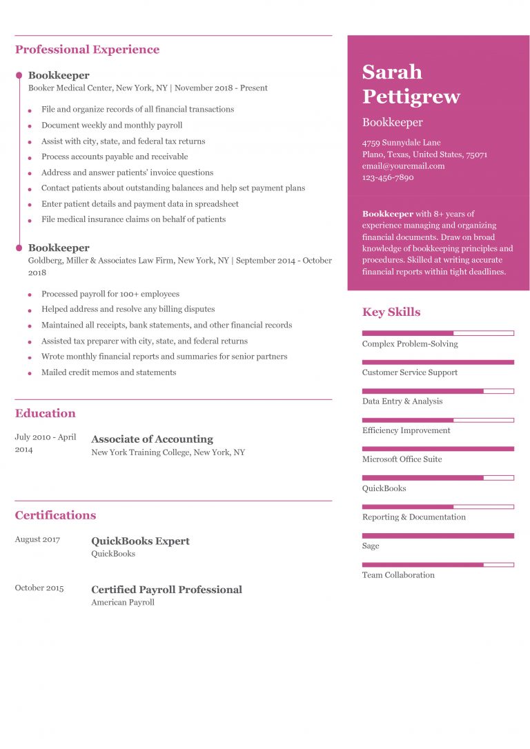 25 Bookkeeper Resume Examples and Templates for 2025 - ResumeBuilder.com
