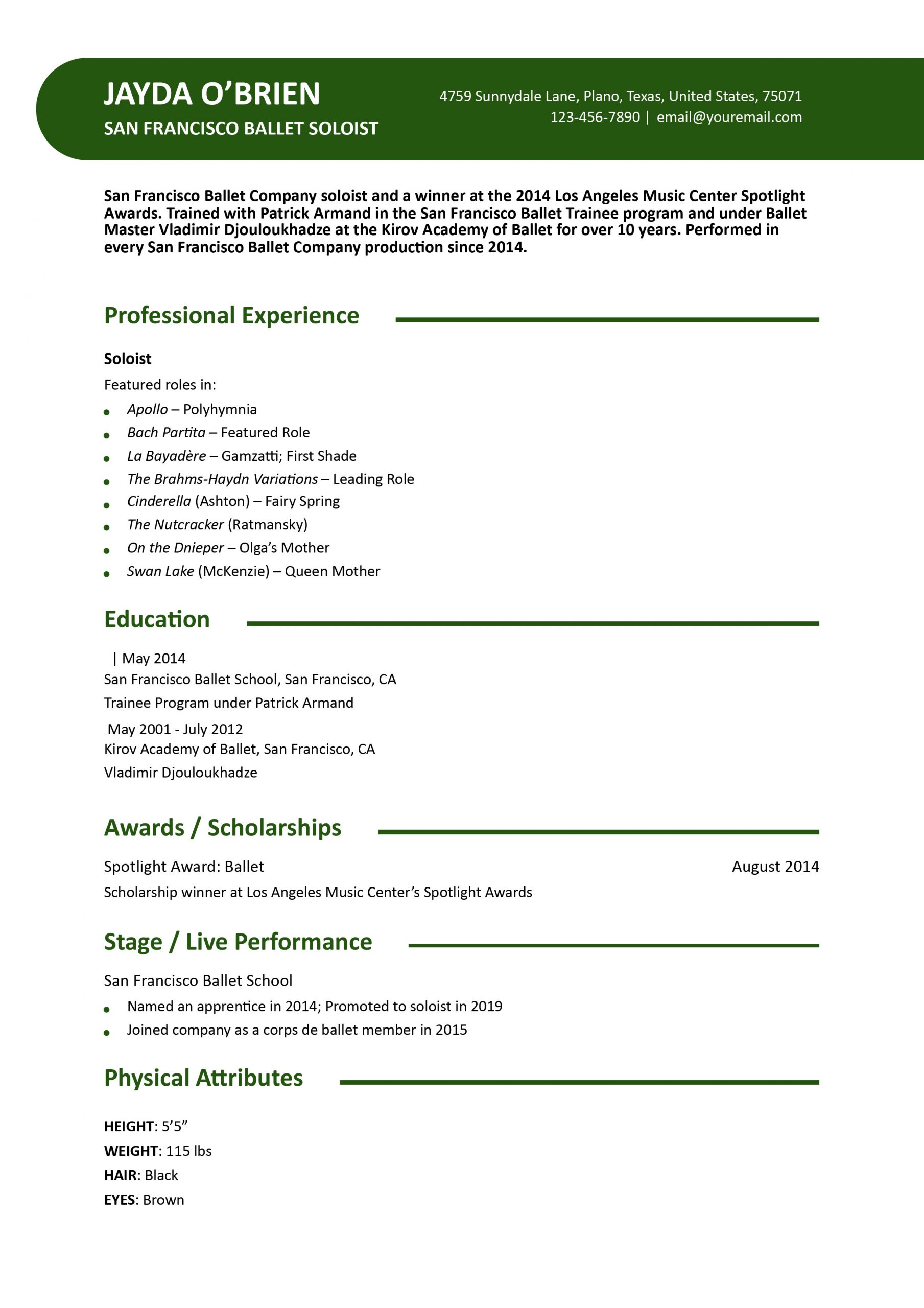 Dance Resume Examples and Templates for 2024 - ResumeBuilder.com