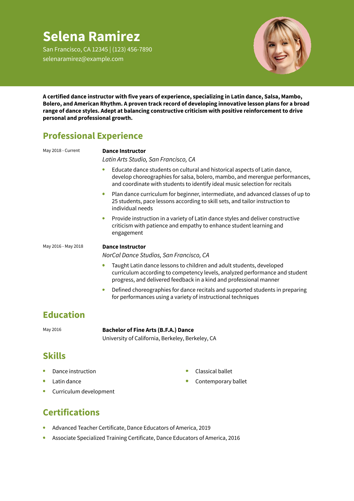 Dance Resume Examples and Templates for 2025 - ResumeBuilder.com