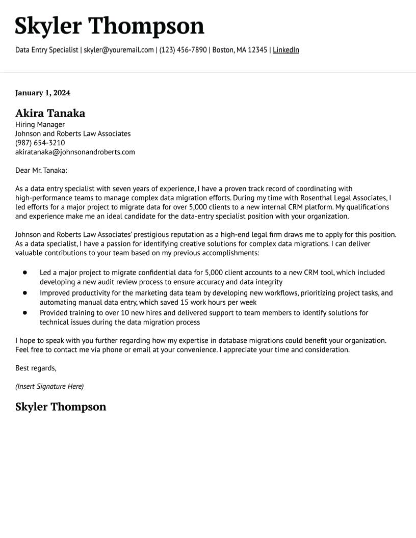 Data Entry Cover Letter Examples and Templates for 2024 - ResumeBuilder.com