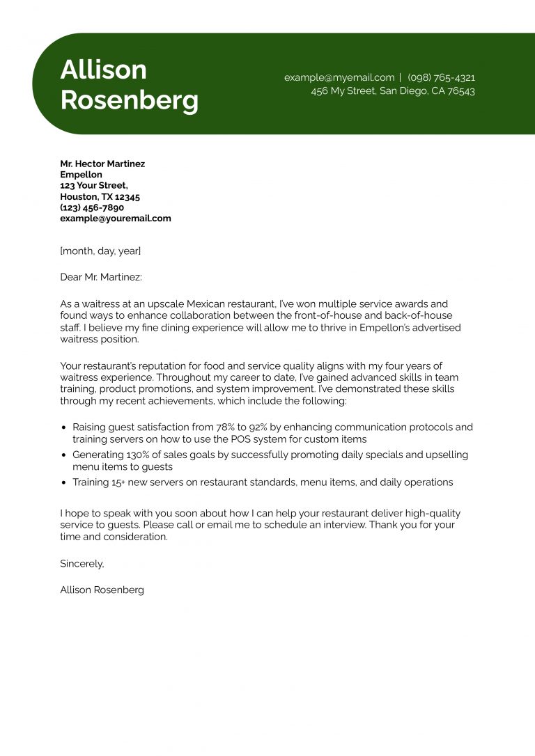 Food Service Cover Letter Examples and Templates for 2026 ...