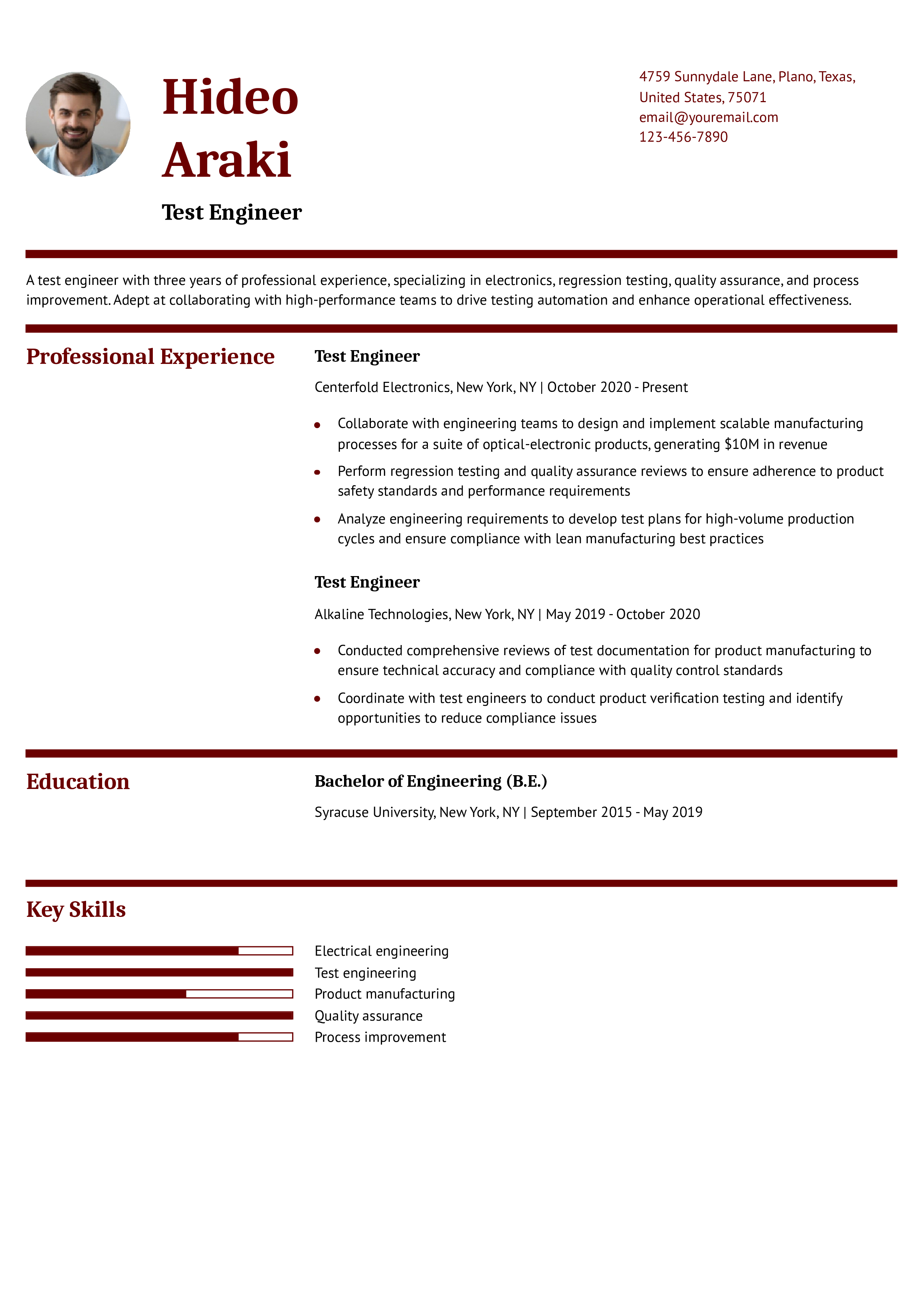 Testing Engineer Resume Background Design Engineer CV Example For 2025