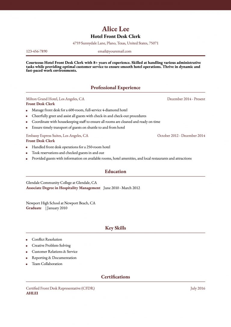 Front Desk Resume Sample
