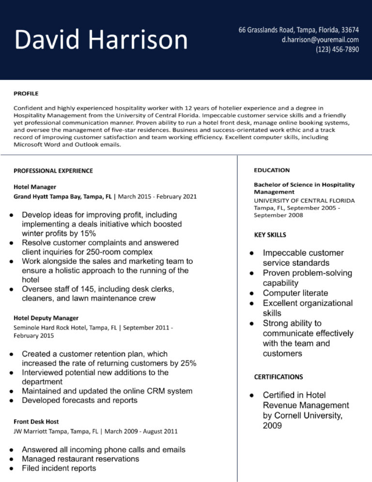 Hospitality Resume Examples And Templates For 2024