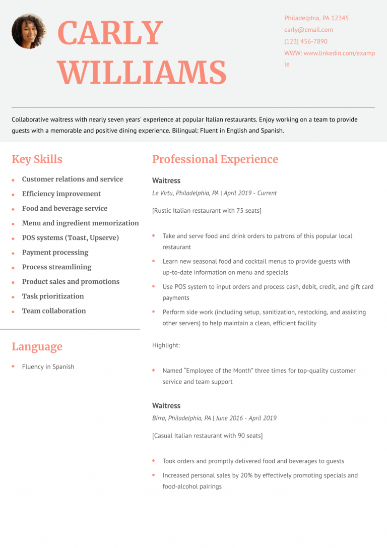 25 Best Waiter/Waitress Resume Examples and Templates for 2025 ...