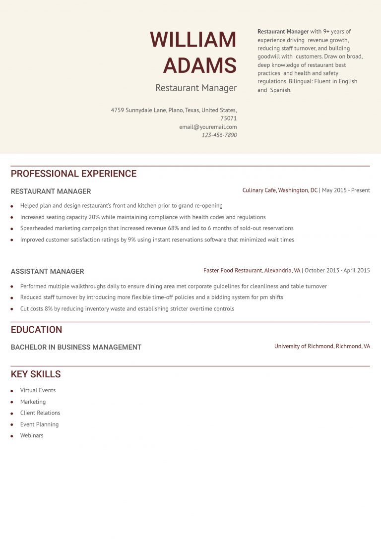23 Best Restaurant Manager Resume Examples and Templates for 2026 ...