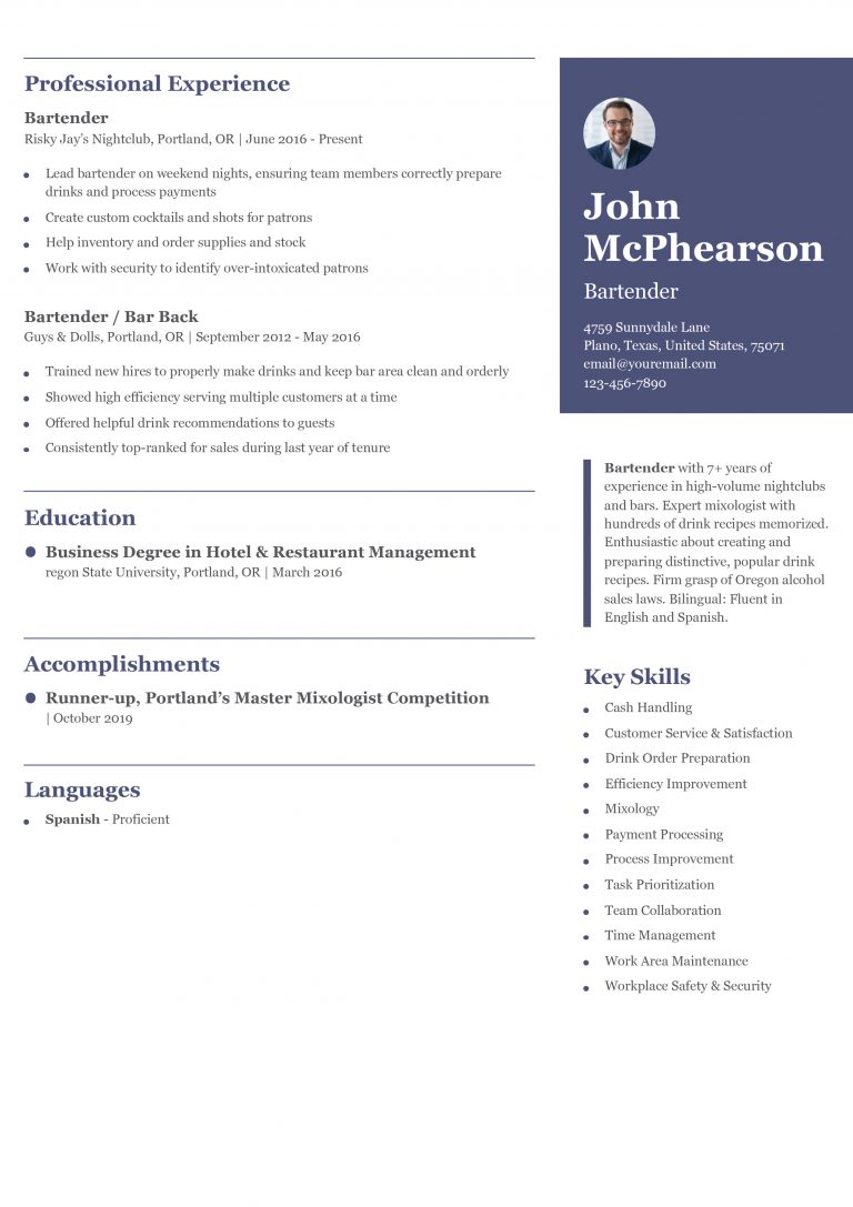 Bartender Resume Examples and Templates for 2024 - ResumeBuilder.com