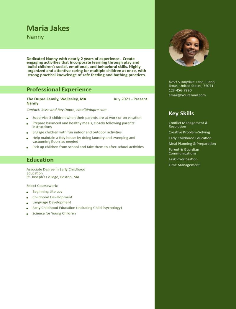 Nanny Resume Examples and Templates for 2024 - ResumeBuilder.com