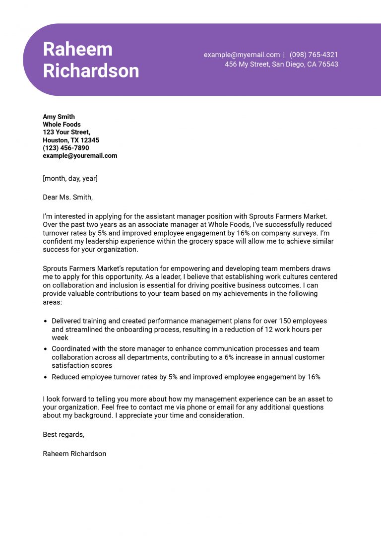 Assistant Manager Cover Letter Examples and Templates for 2025 ...