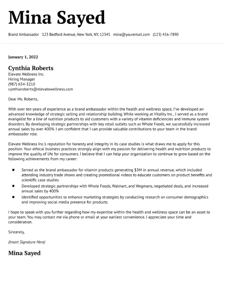 Brand Ambassador Cover Letter Examples and Templates for 2024 ...