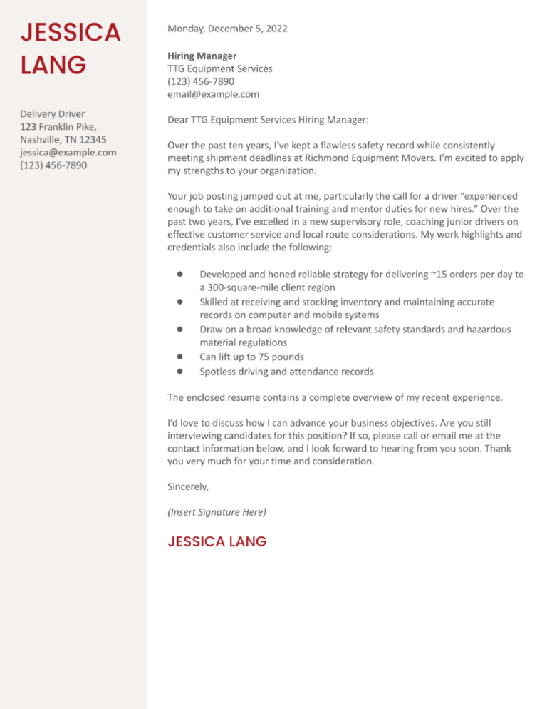 Delivery Driver Cover Letter Examples and Templates for 2024 ...