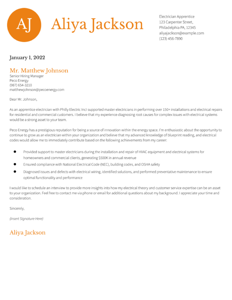 Electrician Apprentice Cover Letter Examples and Templates for 2024 ...