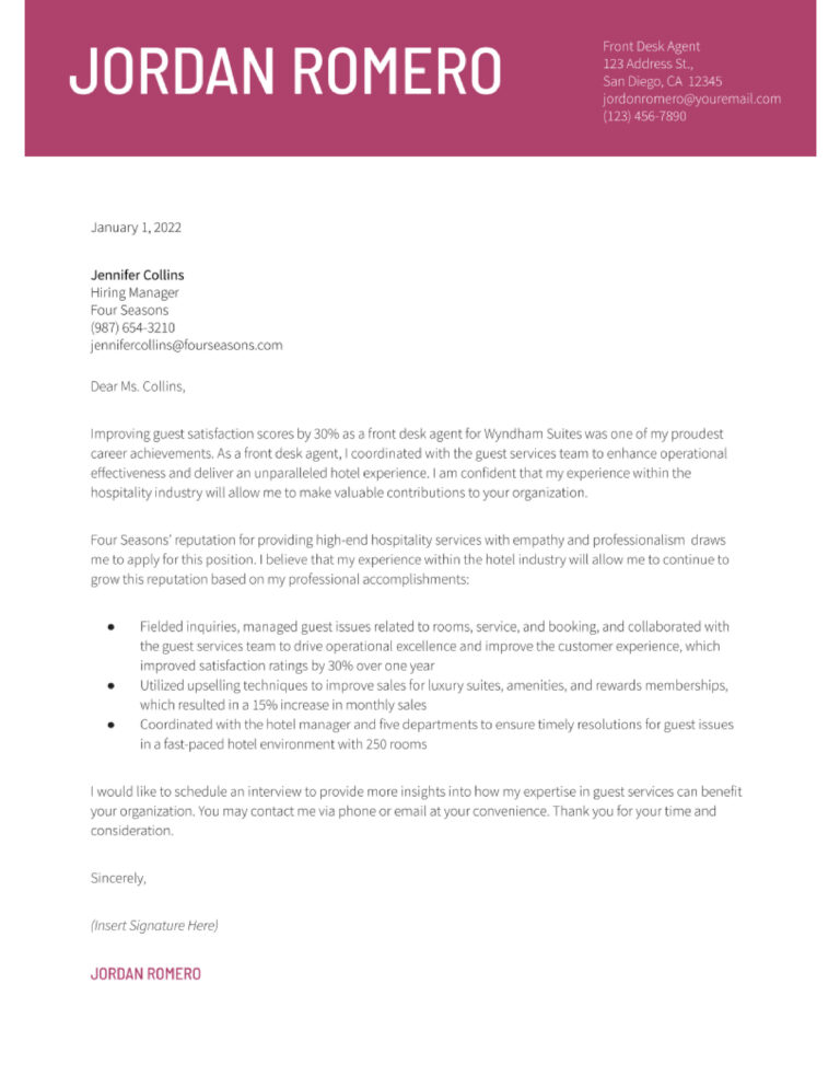 Hospitality Hotel Front Desk Cover Letter Examples and Templates for ...