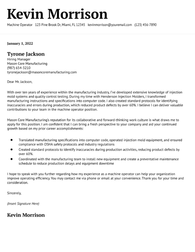 Machine Operator Cover Letter Examples and Templates for 2024 ... Machine Operator Cover Letter Examples and Templates for 2024 ...