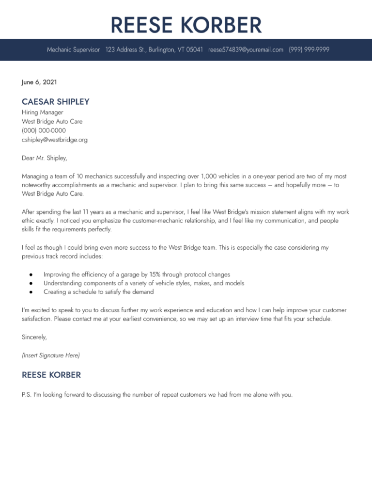Mechanic Cover Letter Examples and Templates for 2024 - ResumeBuilder.com