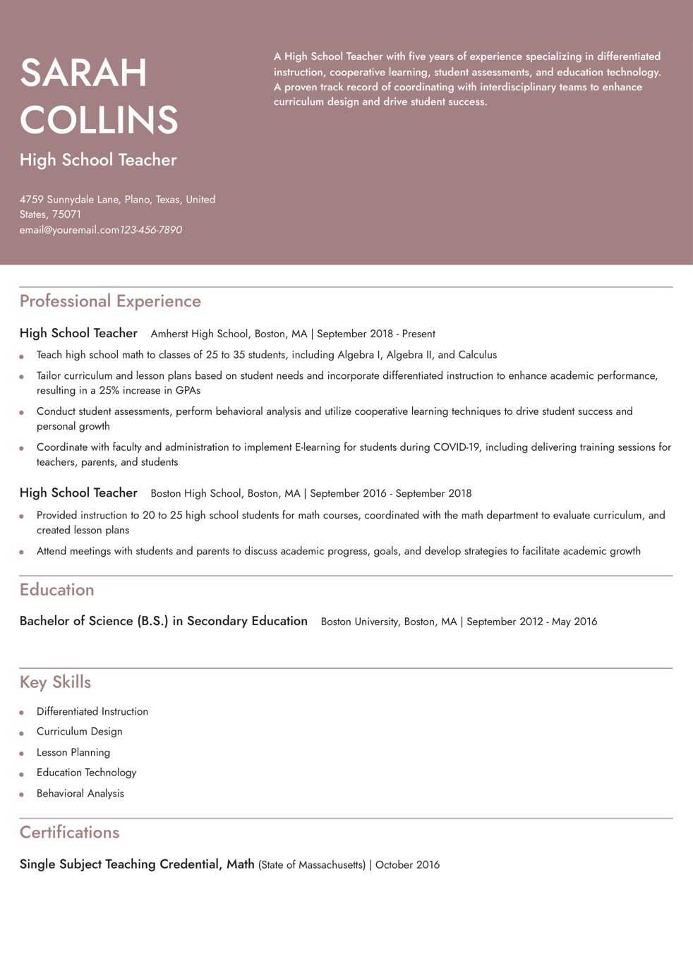 High School Teacher Resume Examples and Templates for 2025 ...