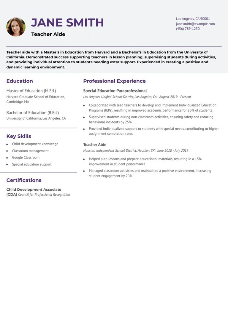 Teacher Aide Resume Examples and Templates for 2025 - ResumeBuilder.com