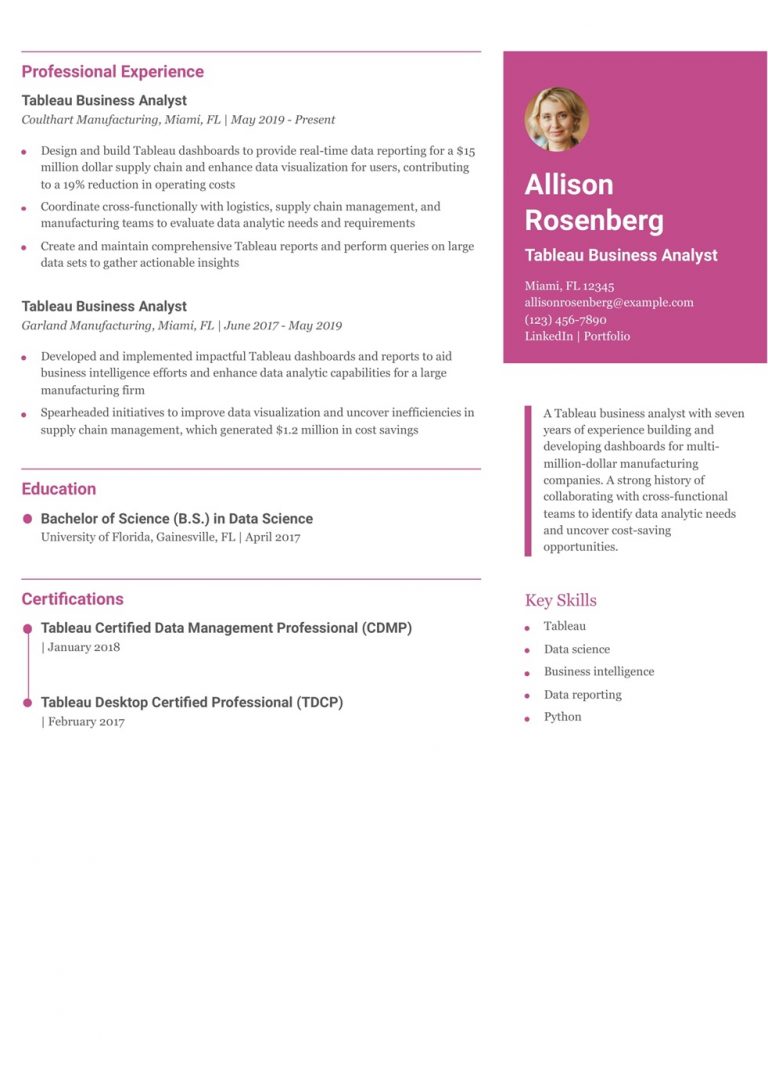 Best Tableau Resume Examples and Templates for 2025 - ResumeBuilder.com