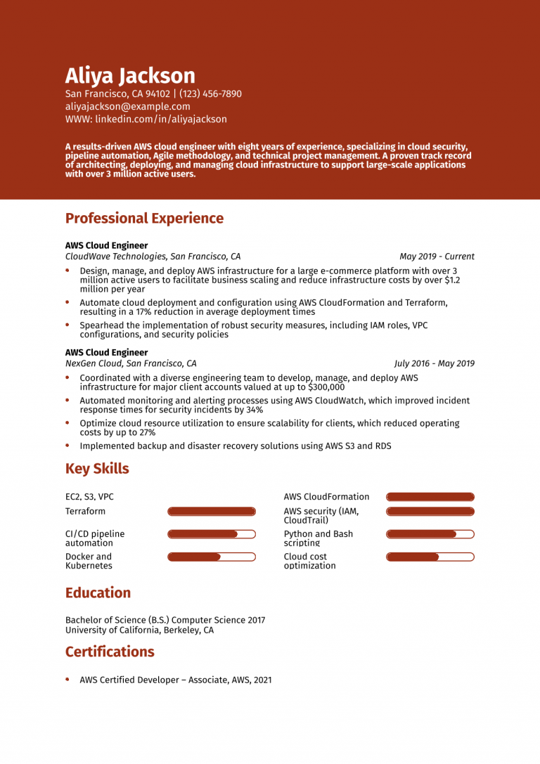 Best AWS Resume Examples and Templates for 2025 - ResumeBuilder.com