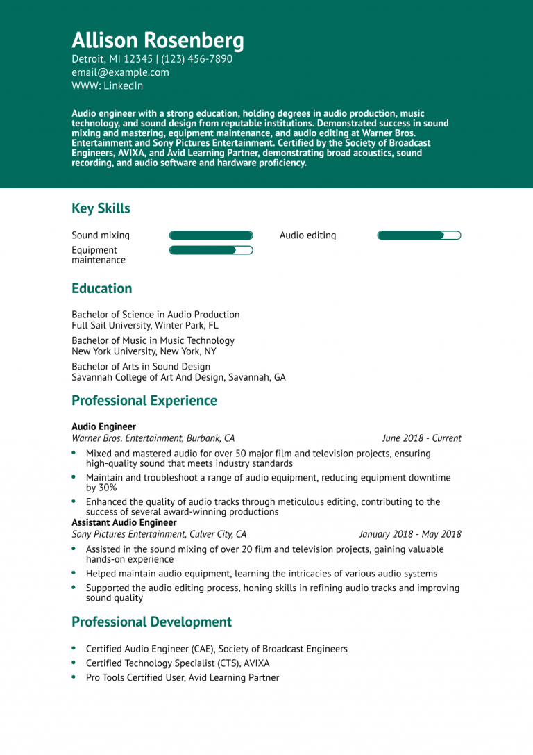 Audio Engineer Resume Examples and Templates for 2025 - ResumeBuilder.com
