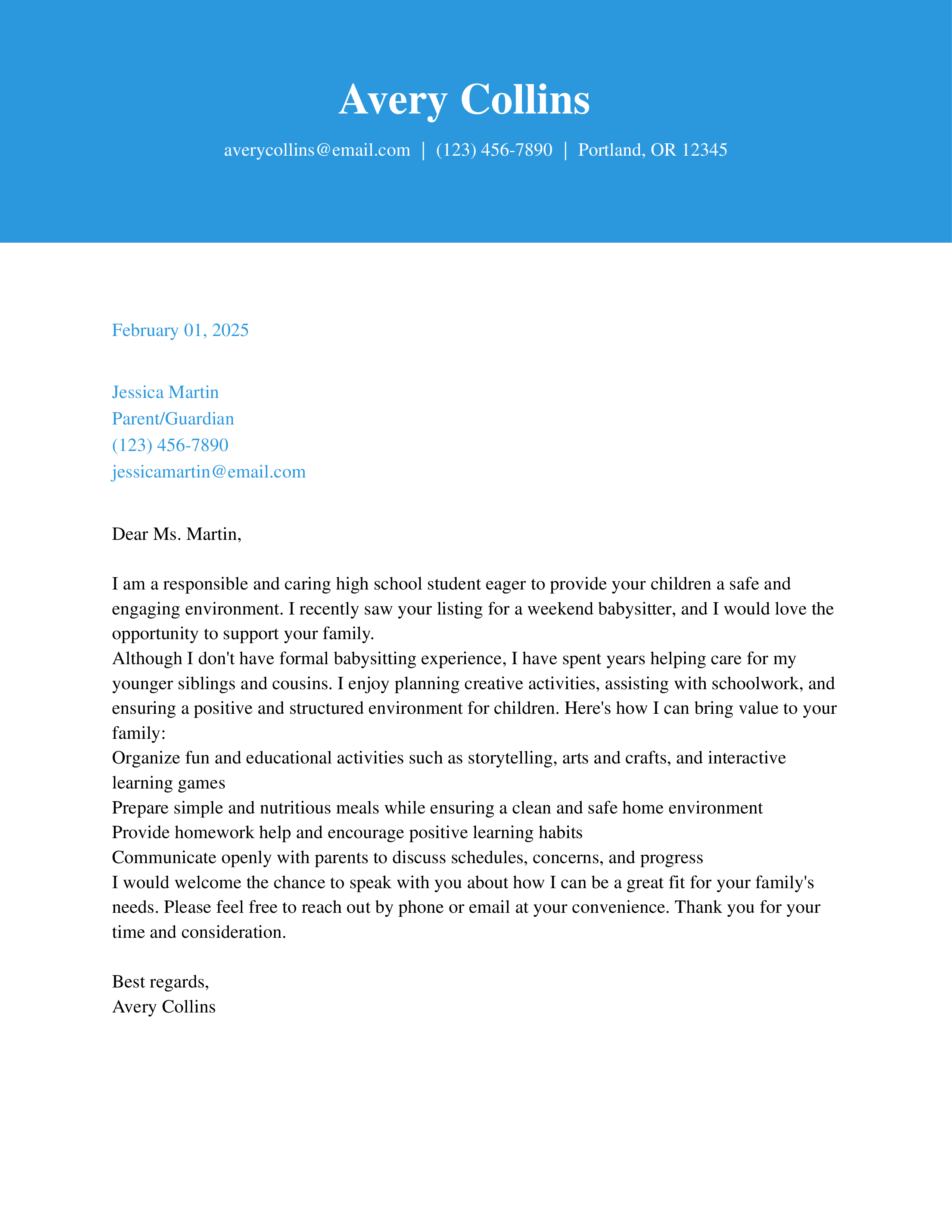 Babysitter Cover Letter Examples and Templates for 2025 - ResumeBuilder.com